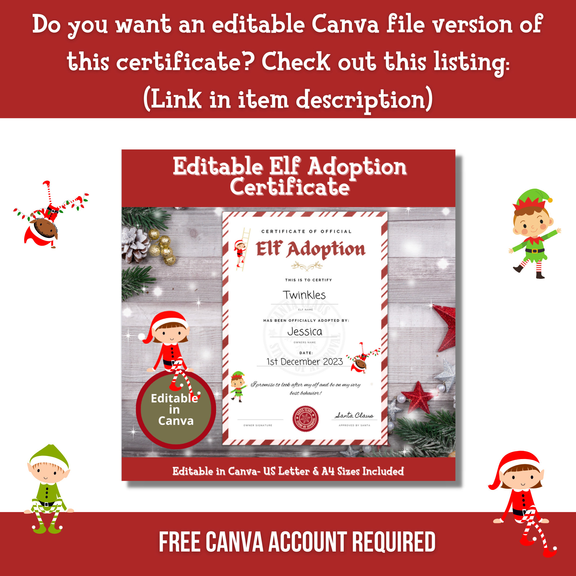 Christmas Elf Adoption Certificate Printable Elf Arrival Christmas ...