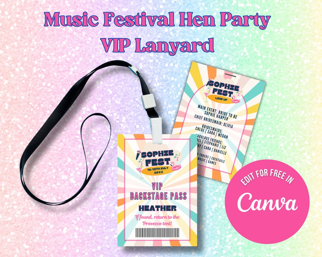 Editable Music Festival Hen Party Bachelorette Bride Fest Lanyard Canva ...