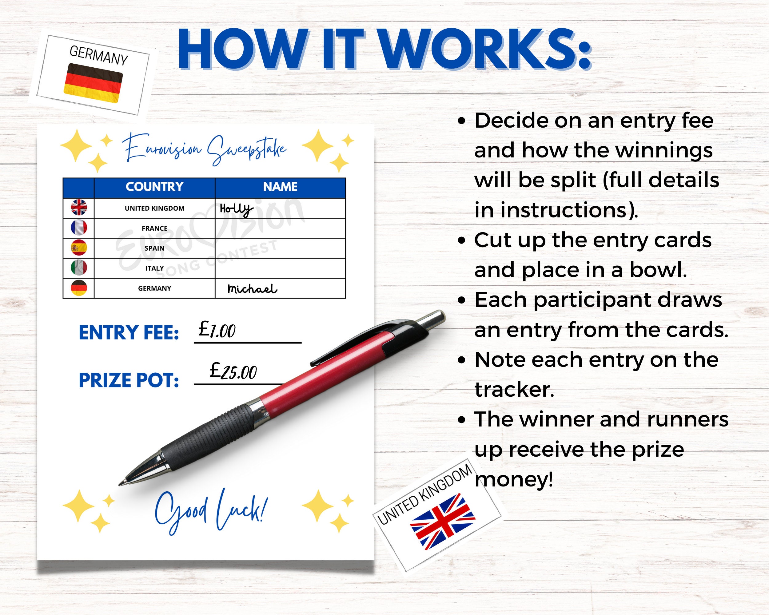 Eurovision Song Contest 2024 Sweepstake Kit Printable Party Game Office ...