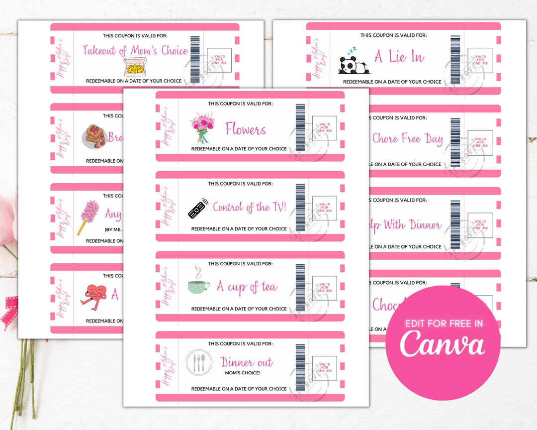 Mother's Day Editable Coupons Canva, Printable Mothers Day Coupons ...