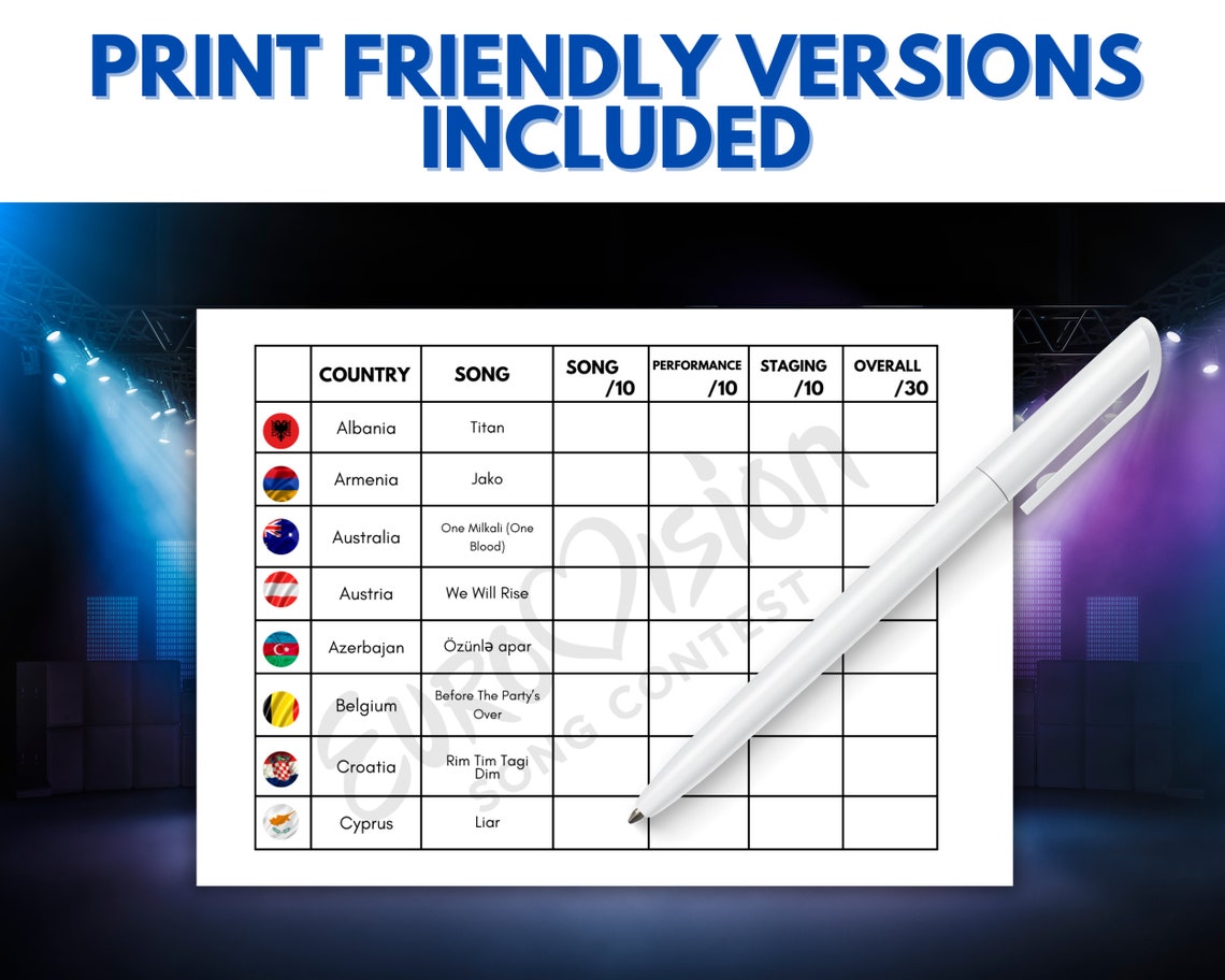 Eurovision Song Contest Scorecards 2024 All 37 Entries Song Titles A4 ...