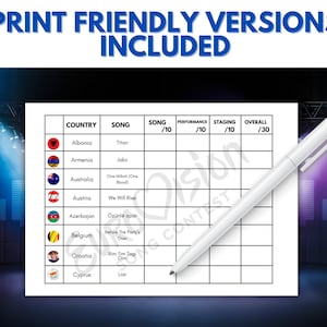 Eurovision Song Contest Scorecards 2024 All 37 Entries Song Titles A4 ...