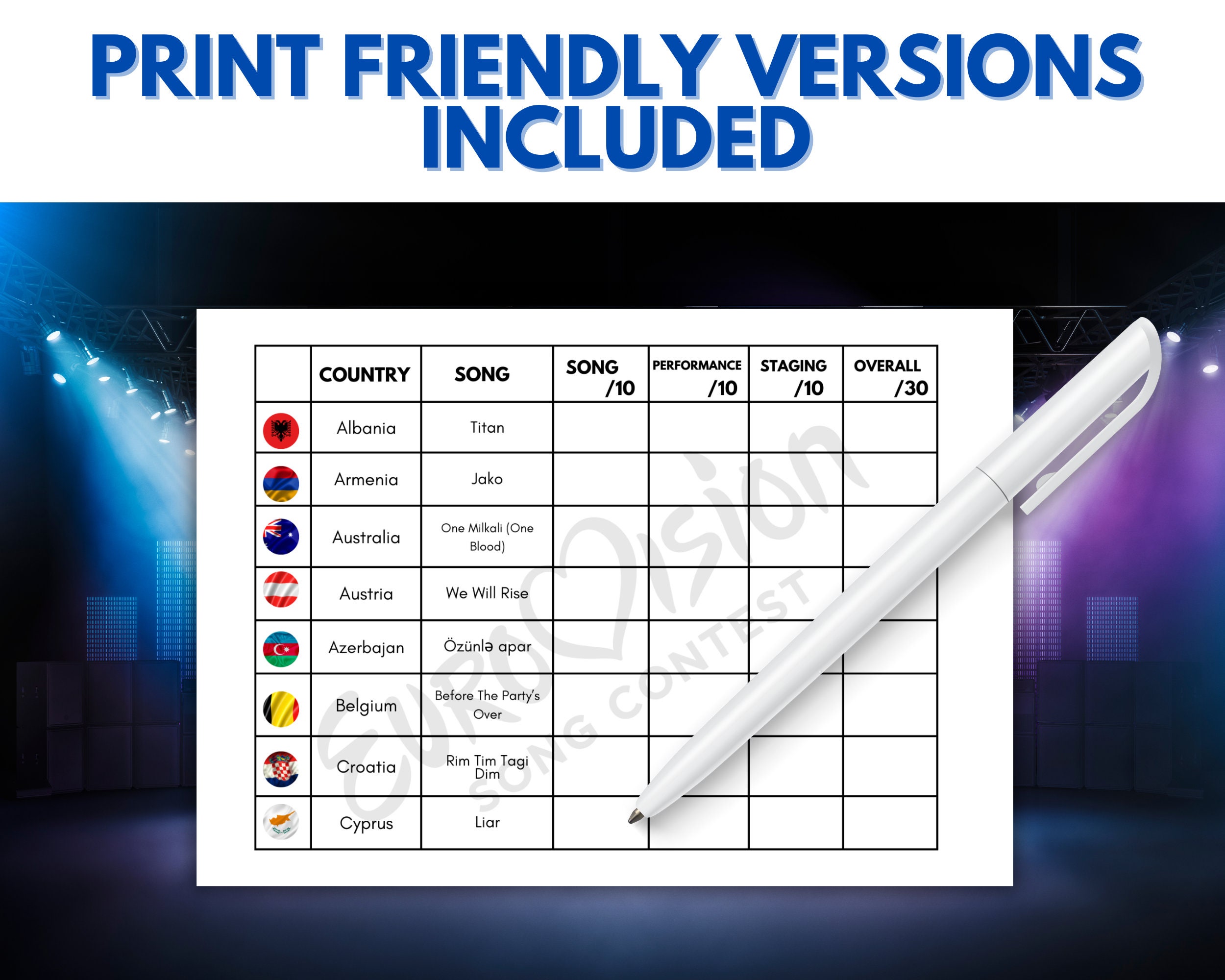 Eurovision Song Contest Scorecards 2024 All 37 Entries Song Titles A4 ...