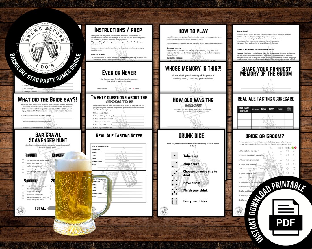 Bachelor Party Stag Game Bundle, Brews Before I Dos Themed Drinking ...