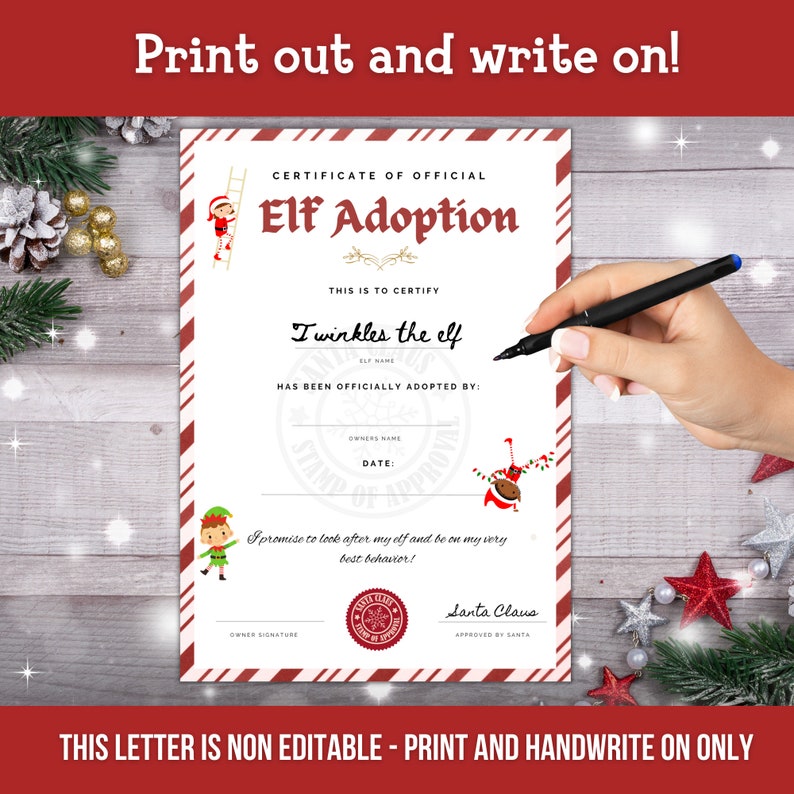 Christmas Elf Adoption Certificate Printable Elf Arrival Christmas ...