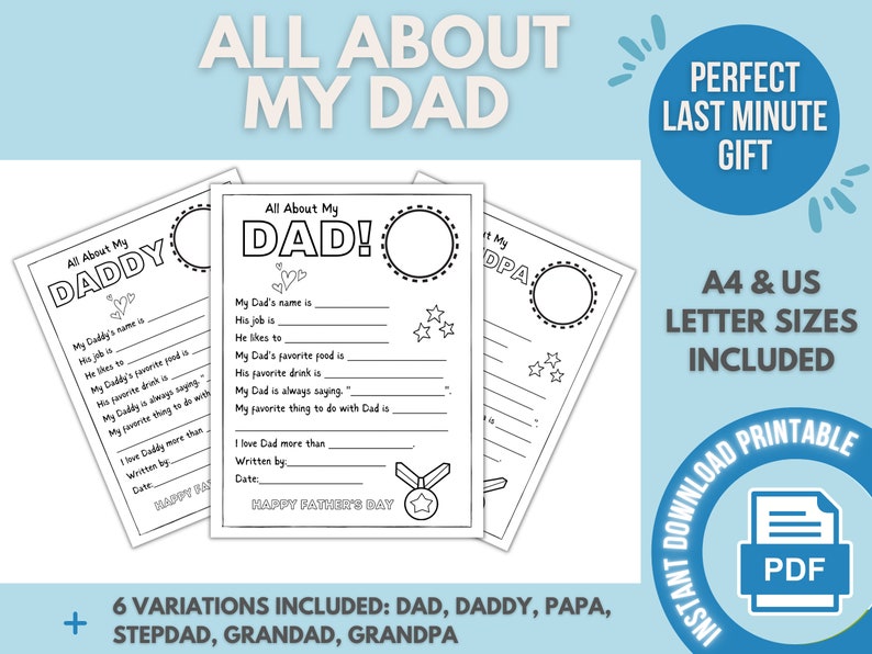 All About My Dad Printable Worksheet for Kids Father's Day Keepsake ...