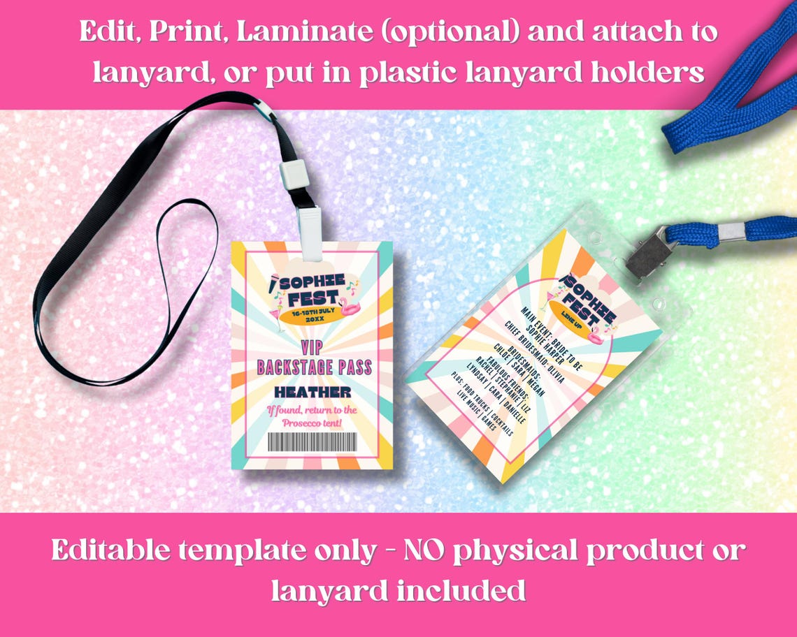 Editable Music Festival Hen Party Bachelorette Bride Fest Lanyard Canva ...