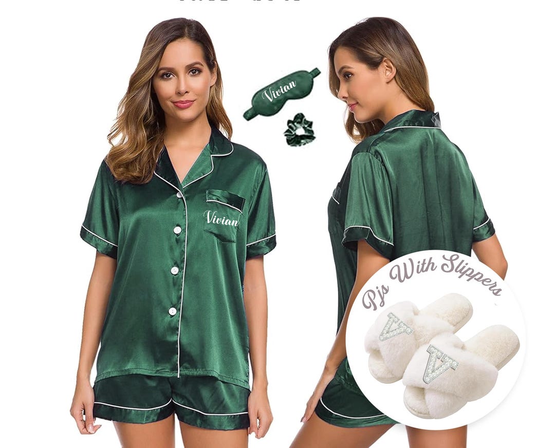 Custom Name Pjs Set Dark Green Color With Slippers, Personalized Pj ...