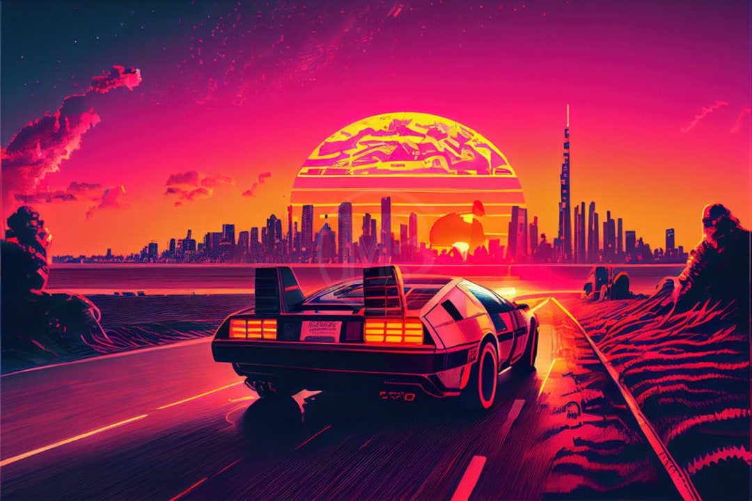 A Delorean Car Driving Towards Cybercity at Sunset Printable Wall Art Digital Download Home Decoration Unique Gift Wallpaper AI Art Etsy