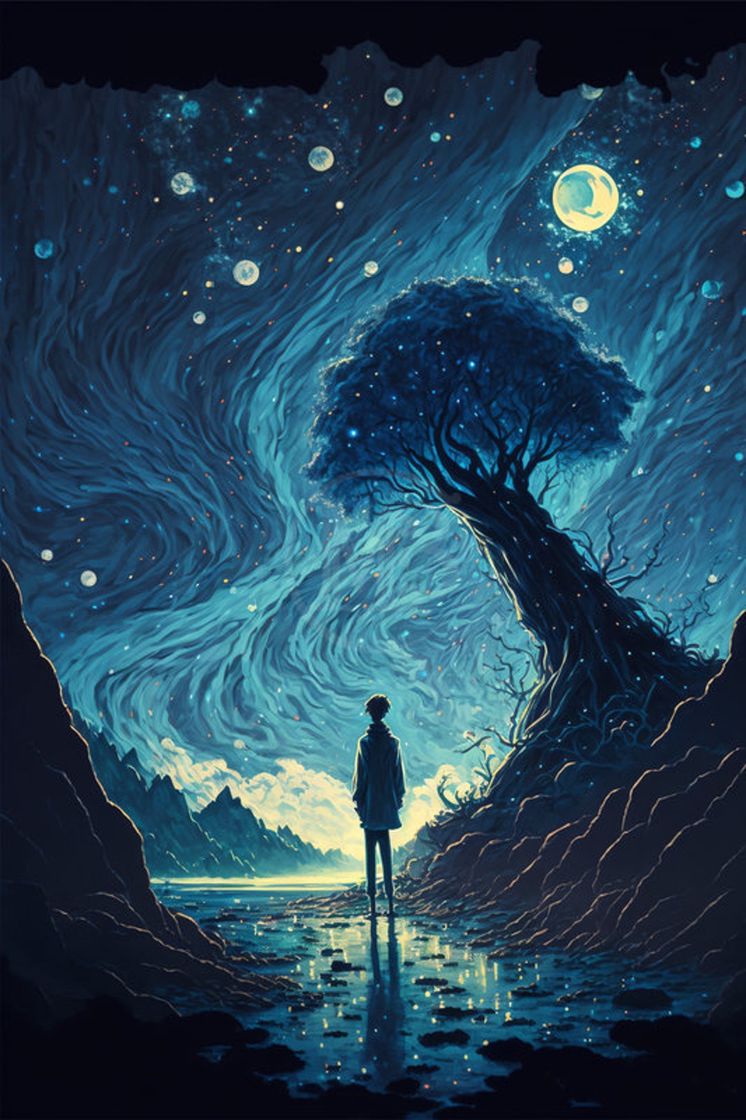 Set of 3 Surrealist Anime Illustrated Starry Night Painting, Printable ...