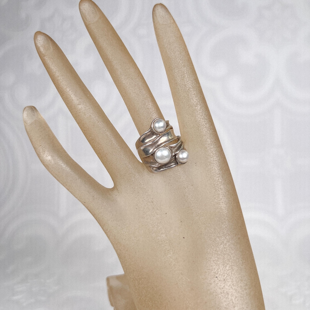 Vintage Hagit Gorali Sterling Silver Pearl Ring, Modernist Mod Style ...