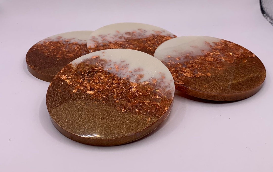 Hand Made- Cooper, White and Copper Leaf Set of 4 Resin Coasters - Etsy