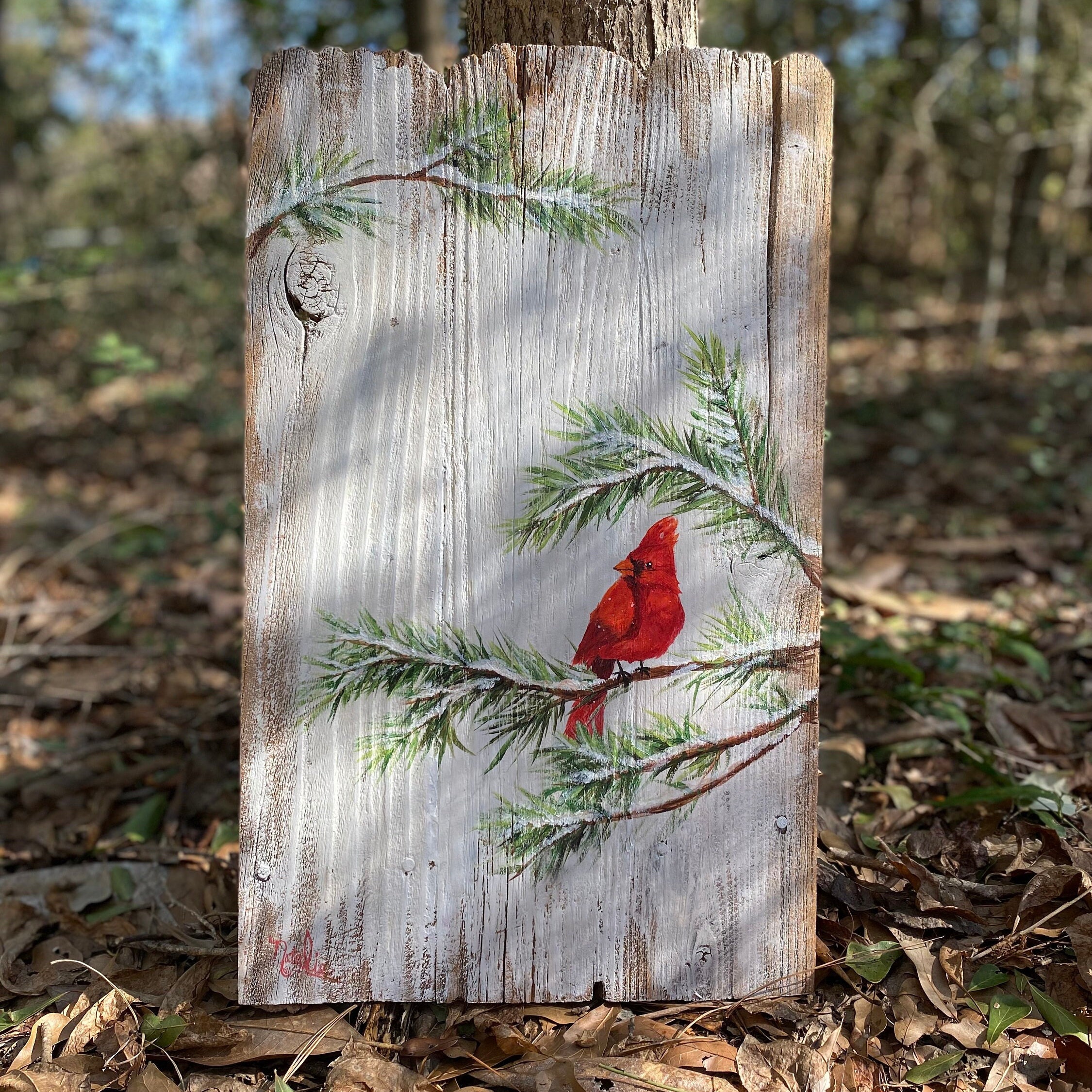 Winter Red Cardinal on Pine Branch Acrylic Painting Hand Painted ...