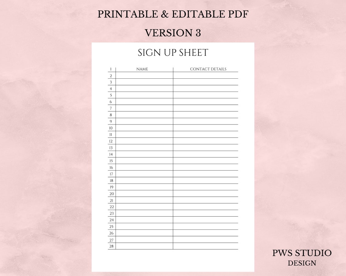 Editable Sign up Sheet, Minimalist Sign up Sheet, Printable Sign Up ...