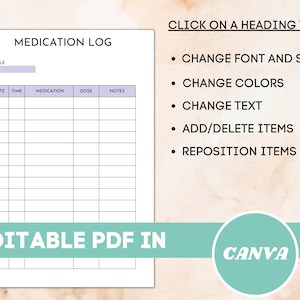 Editable and Printable Medication Log, Medicine Taker Tracker ...
