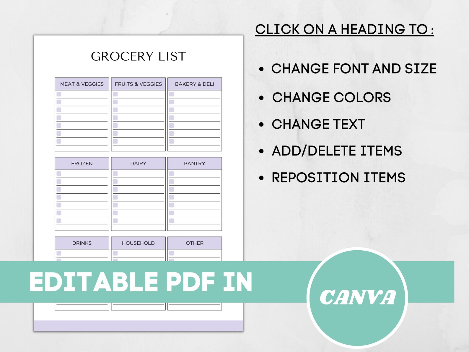 Printable Grocery List Template, Editable Grocery Planner, Food ...