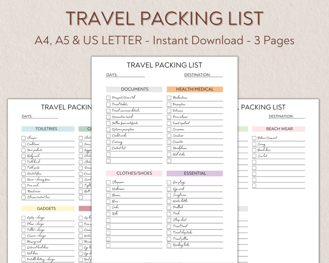 Editable Travel Packing List, Travel Checklist Printable, Travel ...