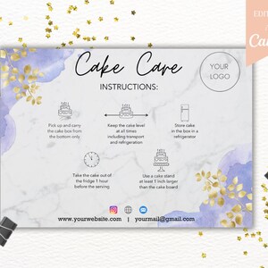 Editable Cake Care Card, Printable Birthday Cake Cards, Wedding Cake ...