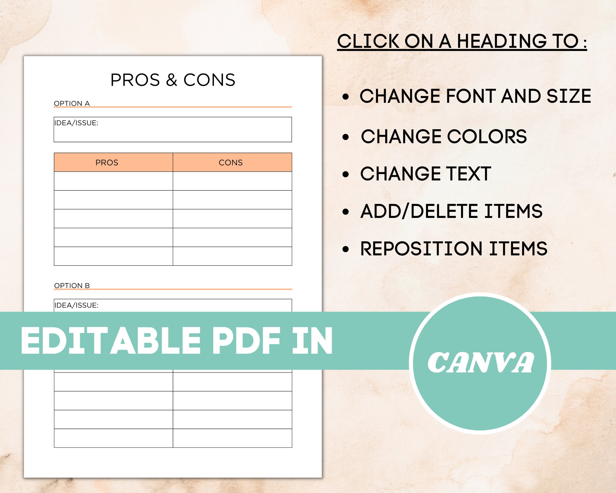 Lista de pros y contras imprimible y editable, hoja de ayuda para tomar ...