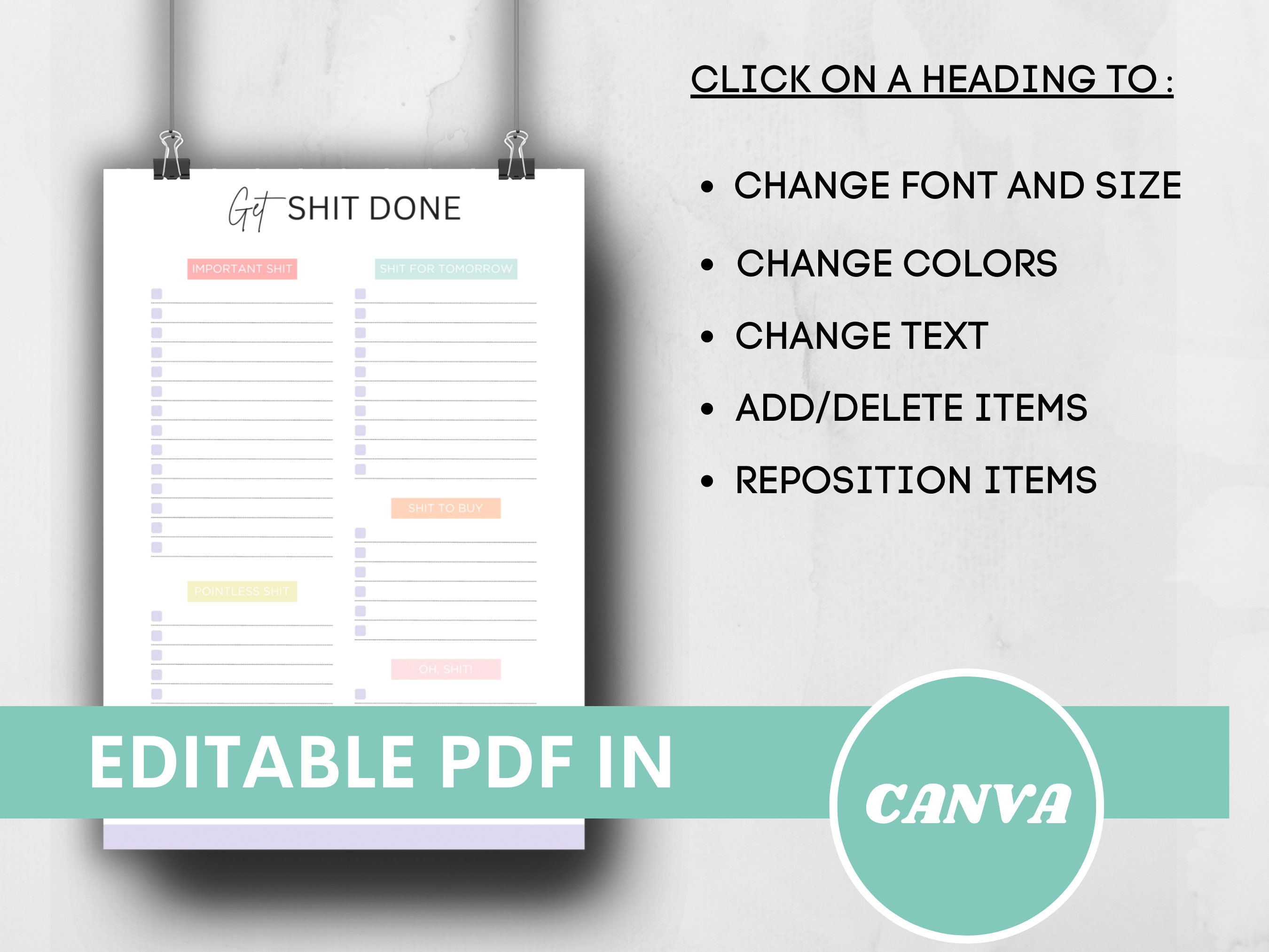 Sweary to Do List Editable and Printable, Shit to Do Template, Daily ...