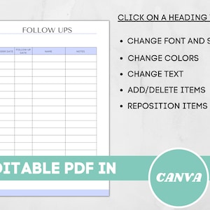 Printable Follow up Tracker, Editable Customer Tracker, Small Business ...