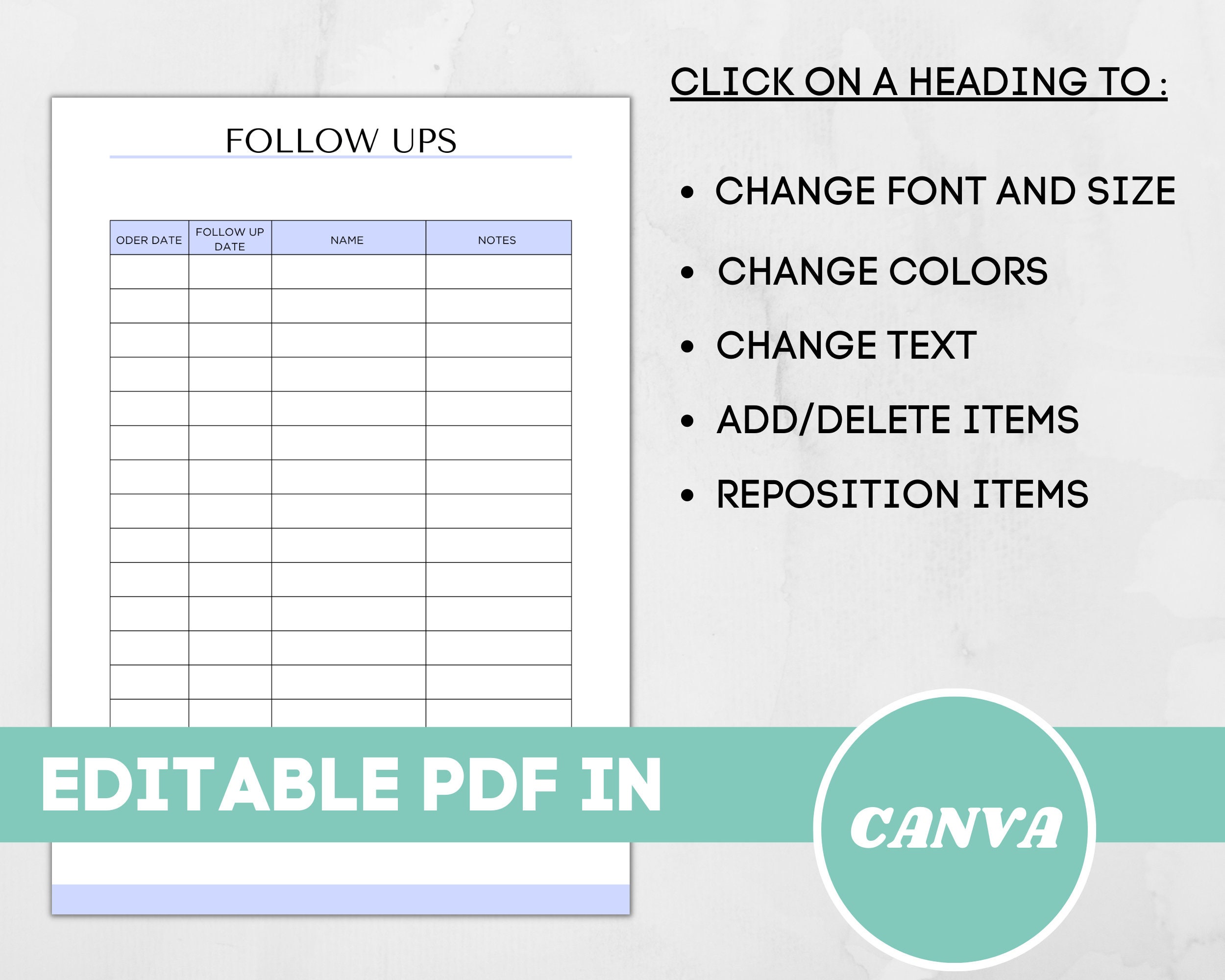 Printable Follow up Tracker, Editable Customer Tracker, Small Business ...
