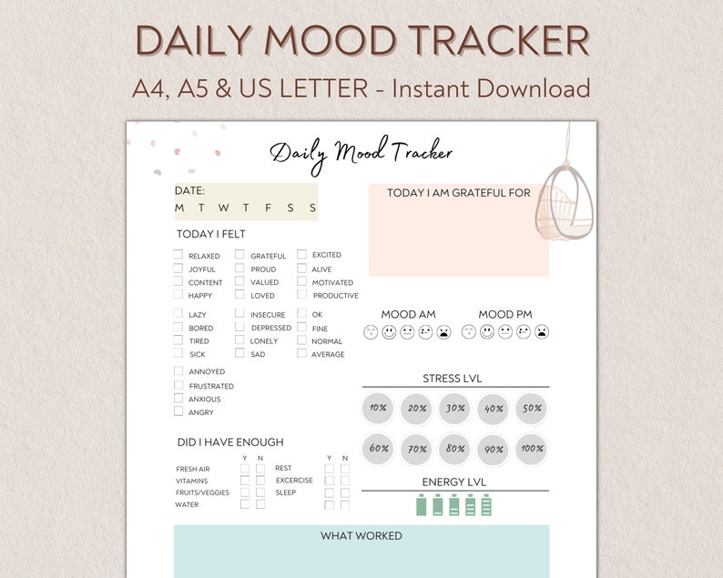 Daily Mood Tracker, Printable Mood Track, Emotion Tracker, Mood Journal ...