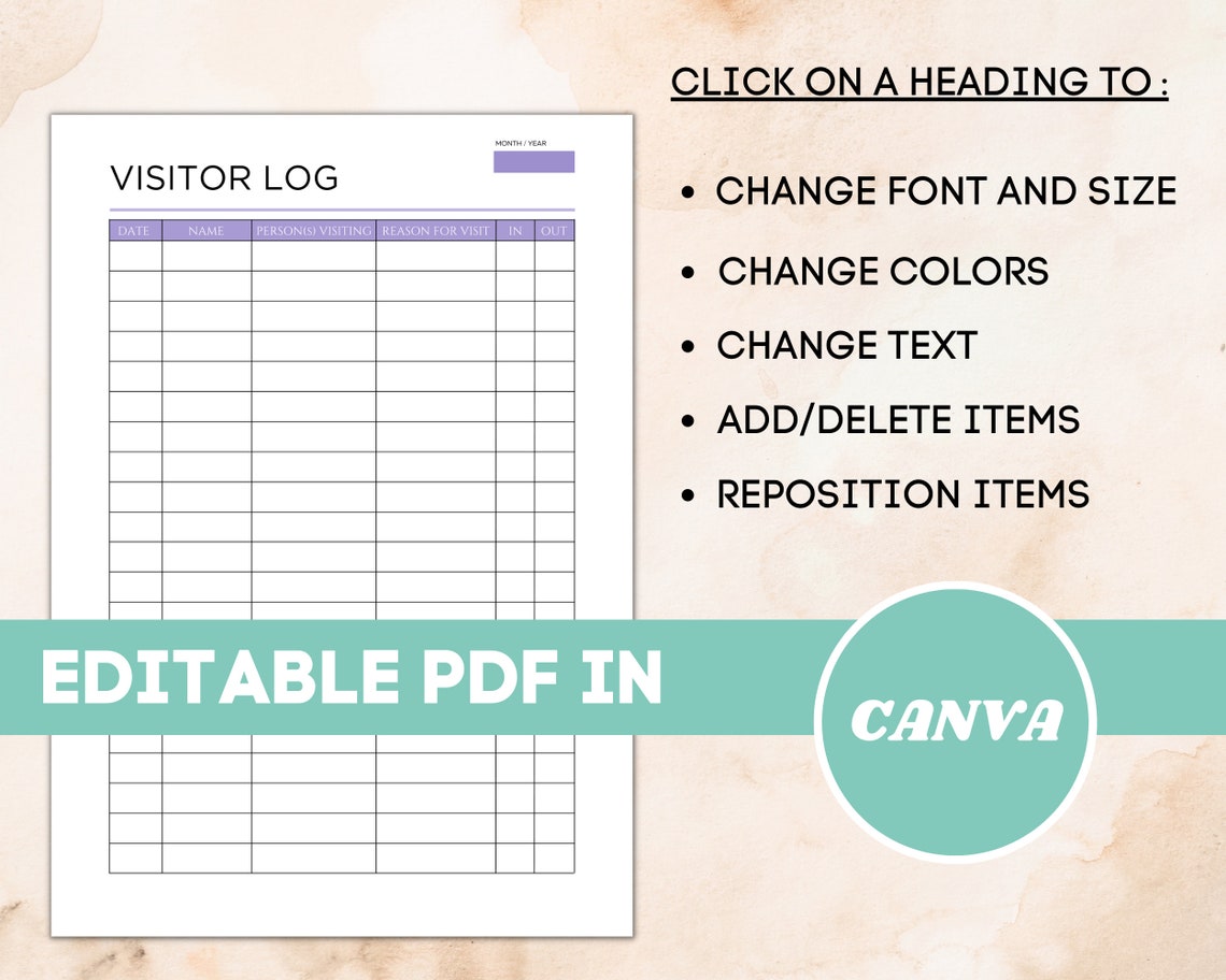Printable Visitor Log, Visitor Log Sheet, Visitor Logbook, Visitor ...