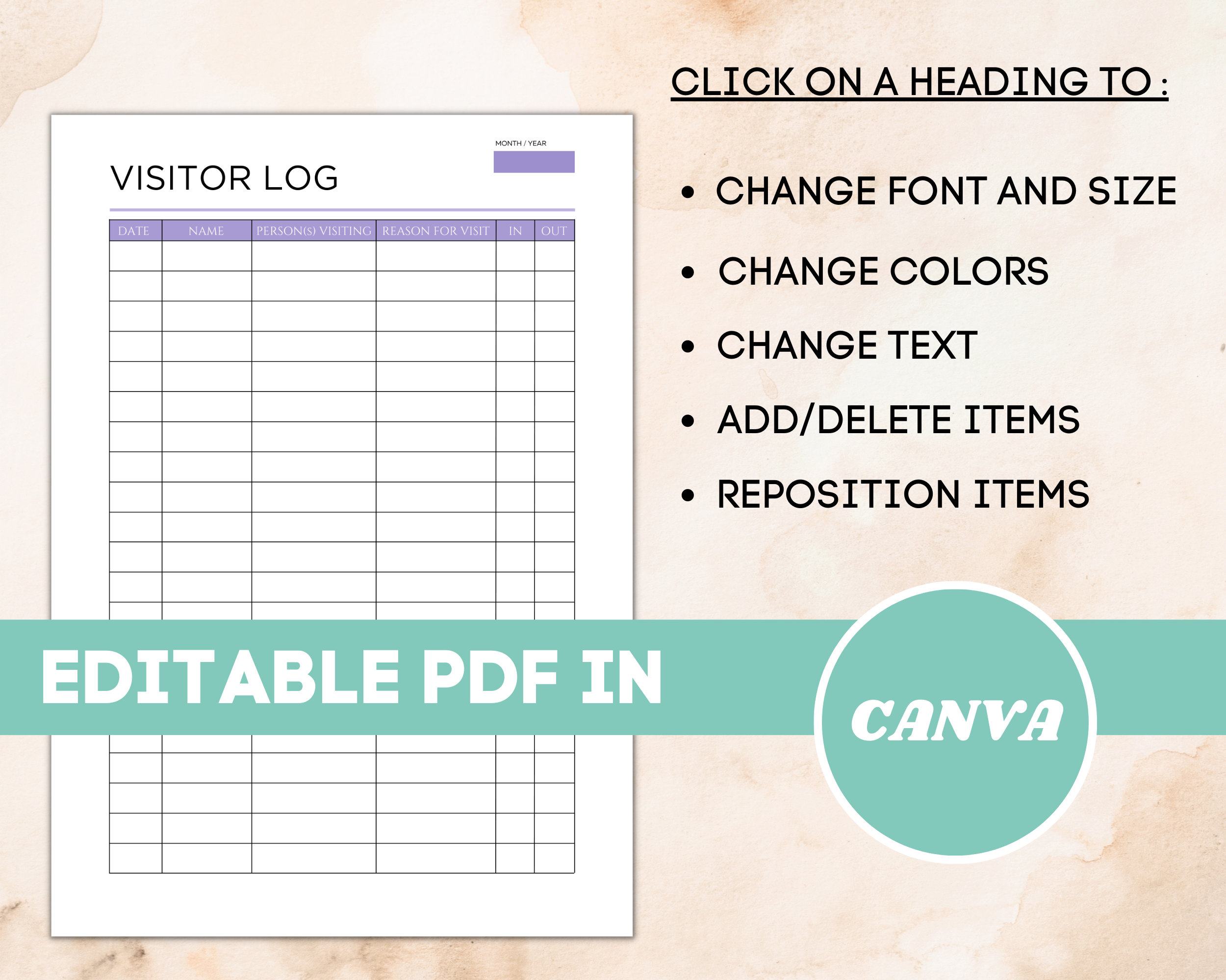 Printable Visitor Log, Visitor Log Sheet, Visitor Logbook, Visitor Tracker Template, A4 A5 ...
