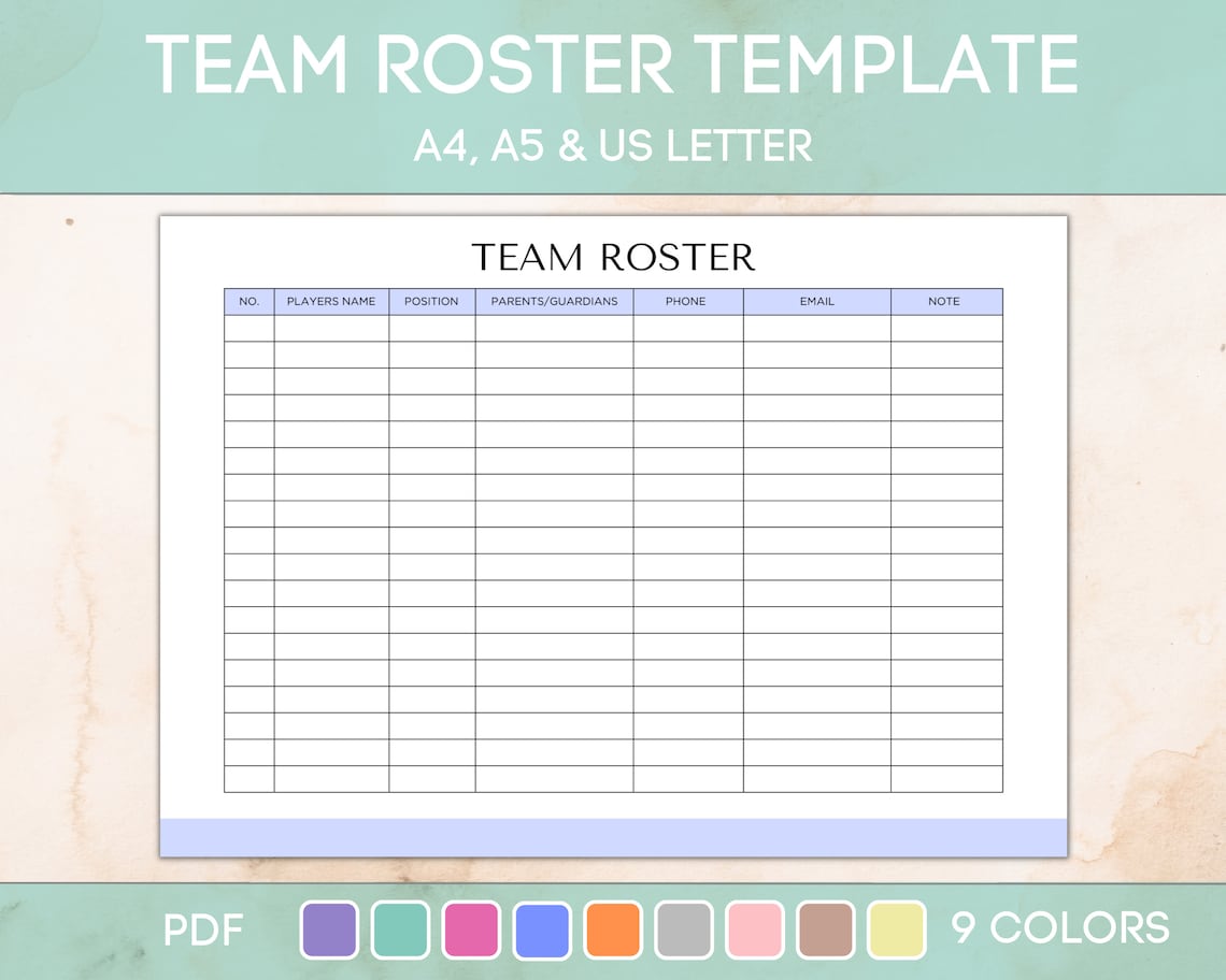 Team Roster Printable, Editable Sports Roster, Printable Soccer Team ...