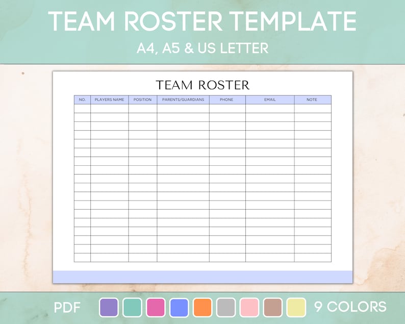 Team Roster Printable, Editable Sports Roster, Printable Soccer Team ...