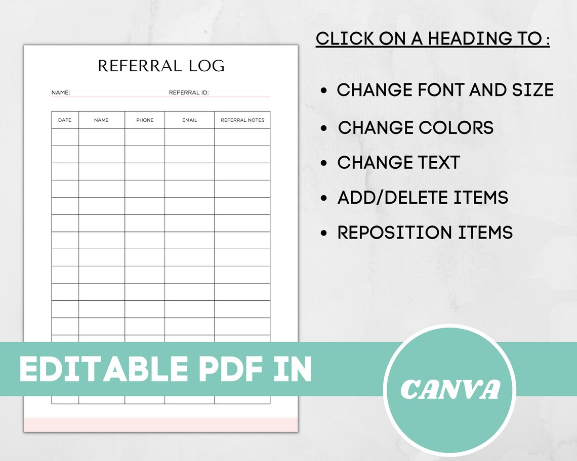 Printable Referral Log, Editable Client Referral Tracking, Referrals ...