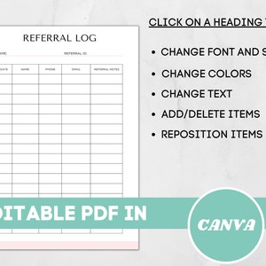 Printable Referral Log, Editable Client Referral Tracking, Referrals ...