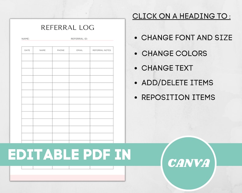 Printable Referral Log, Editable Client Referral Tracking, Referrals ...