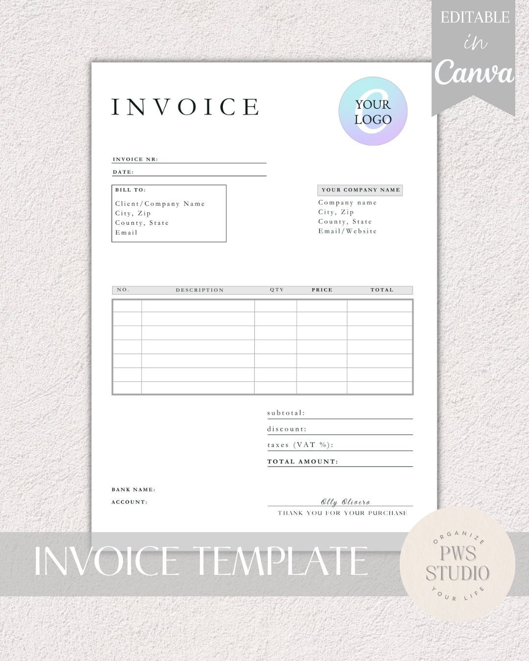 Invoice Editable Template, Custom Pdf Printable Form, Invoice Form ...