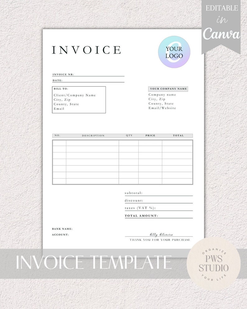 Invoice Editable Template, Custom Pdf Printable Form, Invoice Form ...