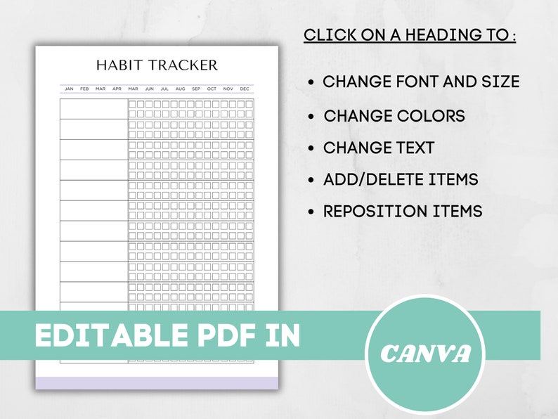 Printable Daliy Habit Tracker, Editable Everyday Habit Log ...