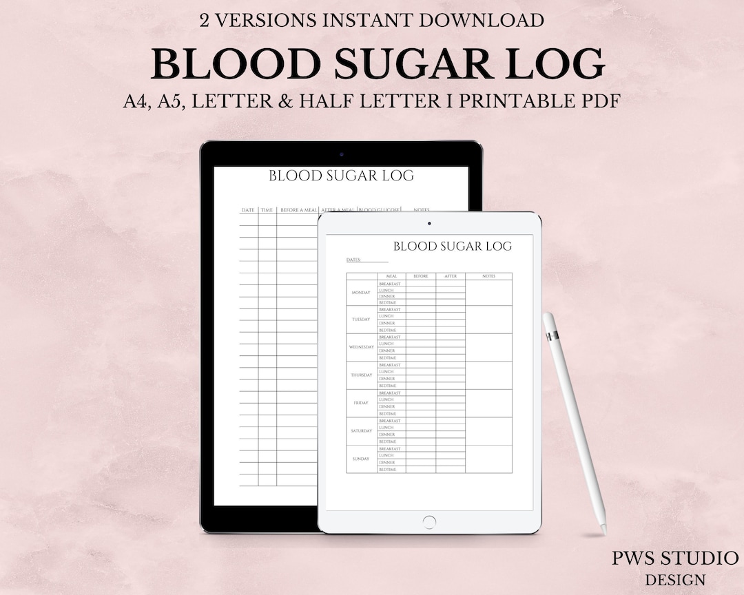 Printable Blood Sugar Log, Blood Glucose Journal, Diabetic Log, Blood ...