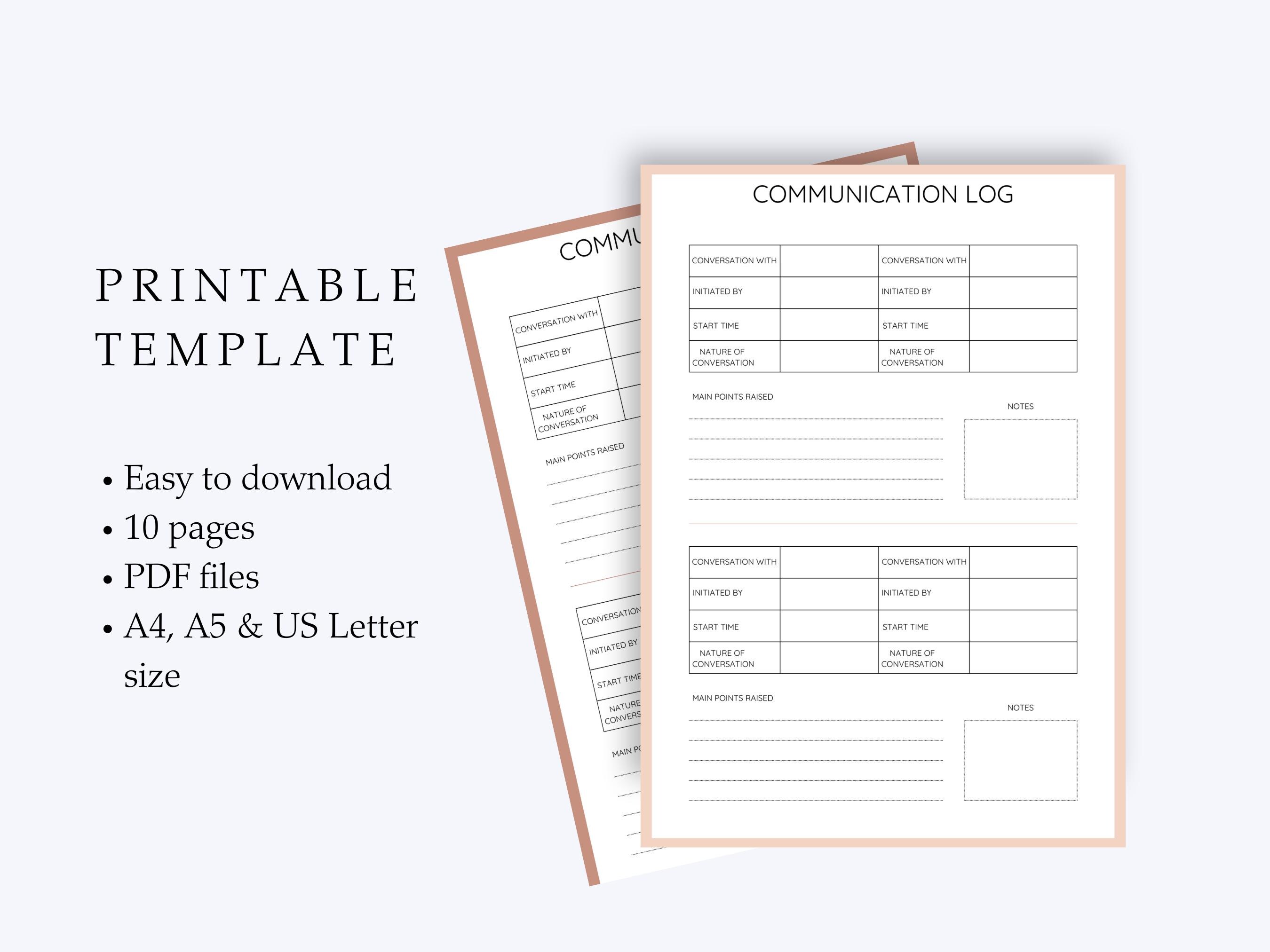 Printable Communication Log, Call Log Sheet, Parent Communication Template, Conversation Record ...
