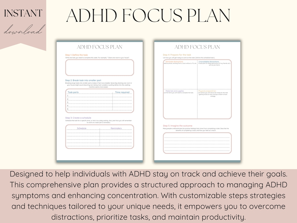 ADHD Focus Plan Worksheets Focus Daily Plan Goal Planner Therapy Focus ...