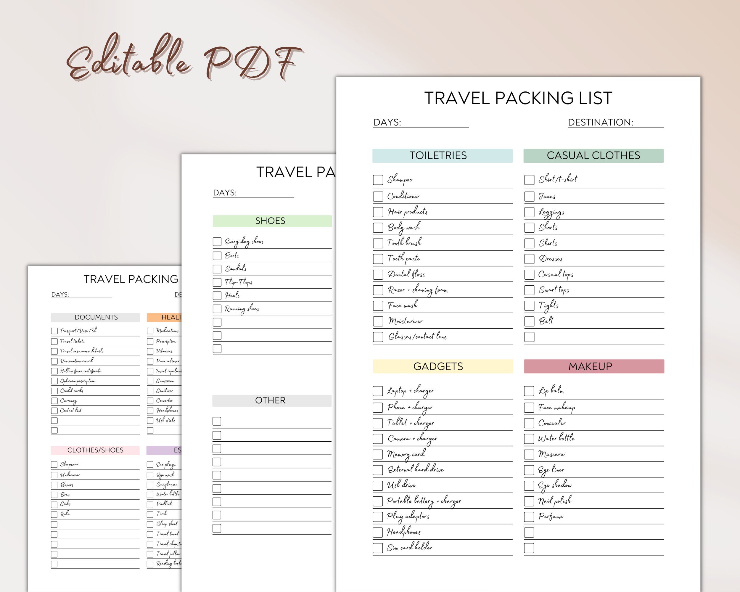 Editable Travel Packing List, Travel Checklist Printable, Travel ...