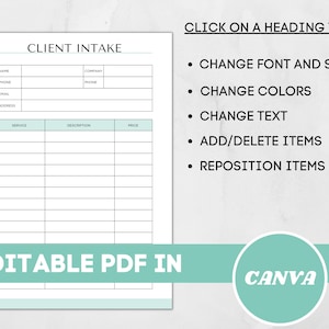 Printable Client Intake Form, Editable Client Service List, Client ...