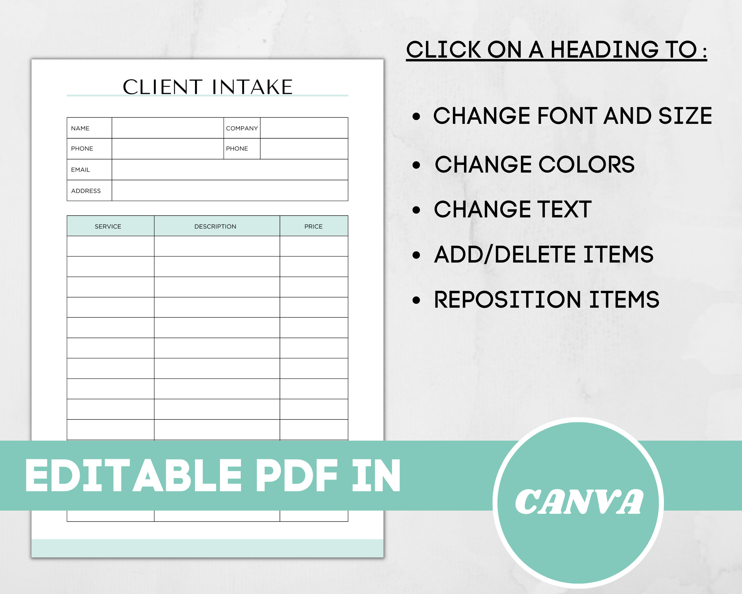 Printable Client Intake Form, Editable Client Service List, Client ...