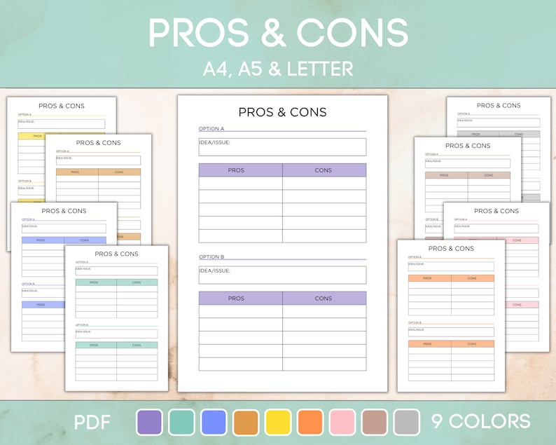 Printable and Editable Pros and Cons List, Make a Decision Aid Sheet ...