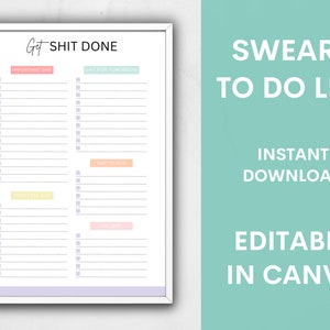 Sweary to Do List Editable and Printable, Shit to Do Template, Daily ...