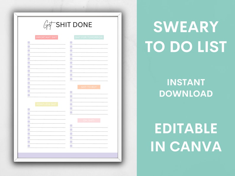 Sweary to Do List Editable and Printable, Shit to Do Template, Daily ...