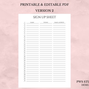 Editable Sign up Sheet, Minimalist Sign up Sheet, Printable Sign Up ...