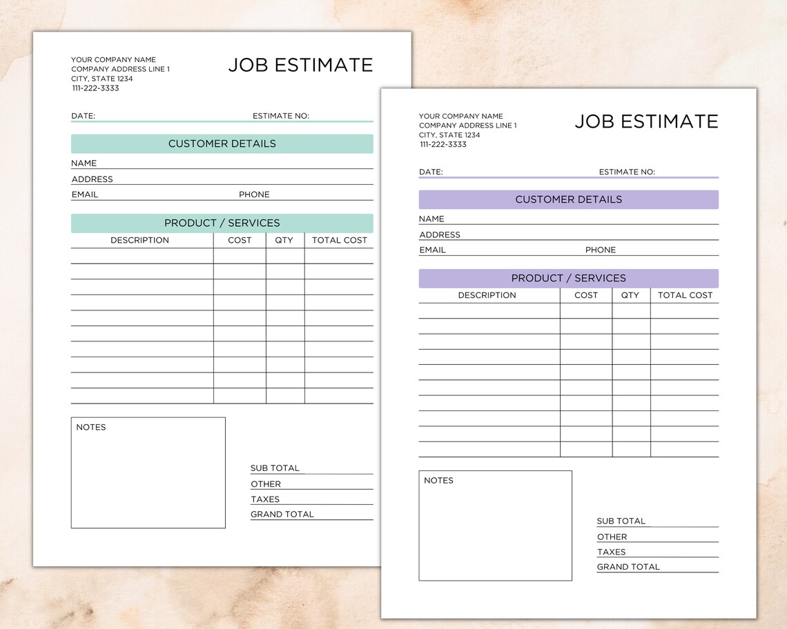 Printable Job Estimate Form, Business Job Estimate, Simple Job Estimate ...