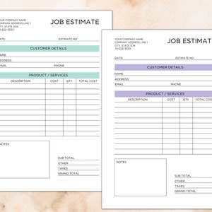 Printable Job Estimate Form, Business Job Estimate, Simple Job Estimate ...