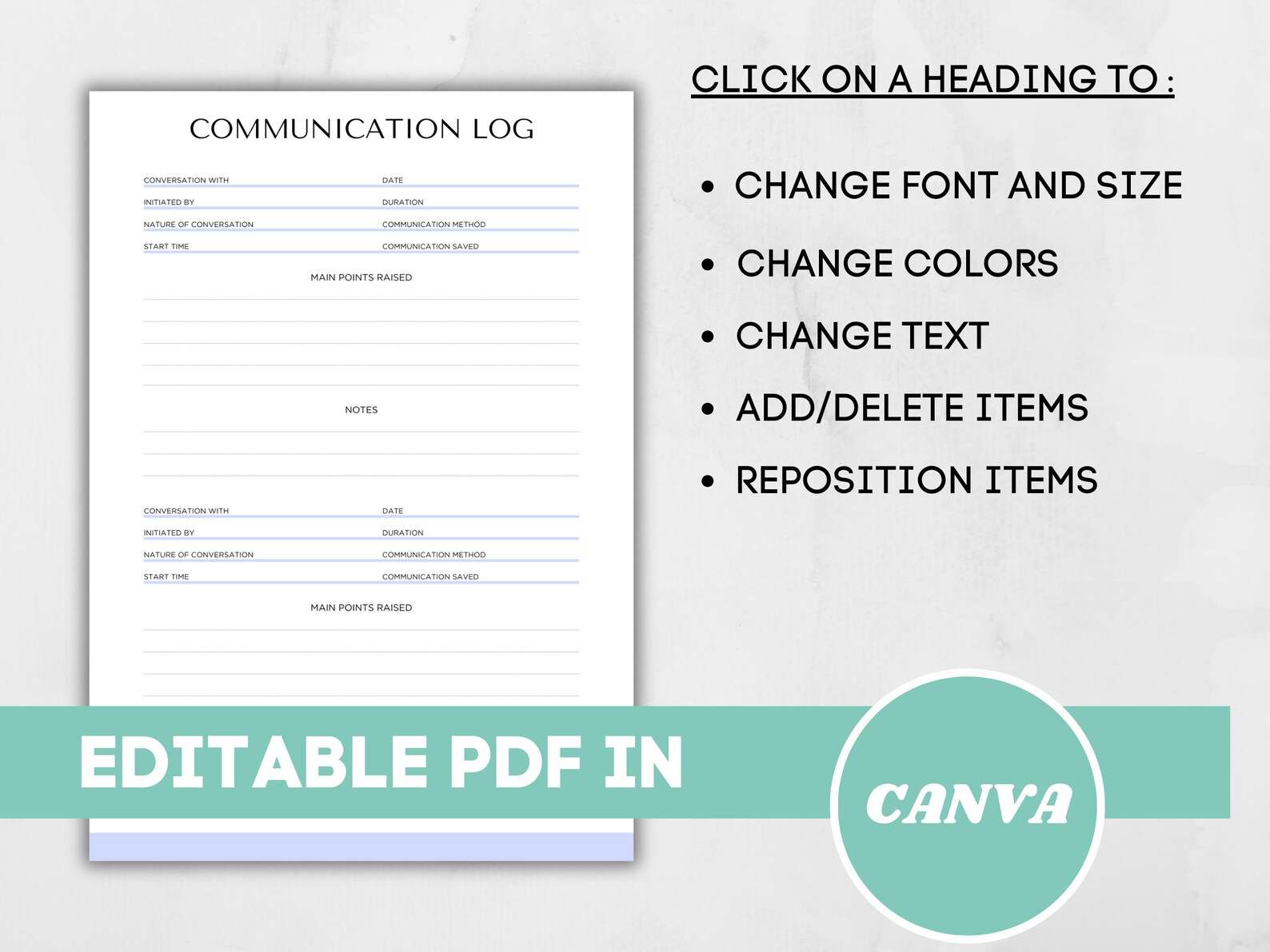 Printable Communication Log, Editable Conversation Record, Call Log ...